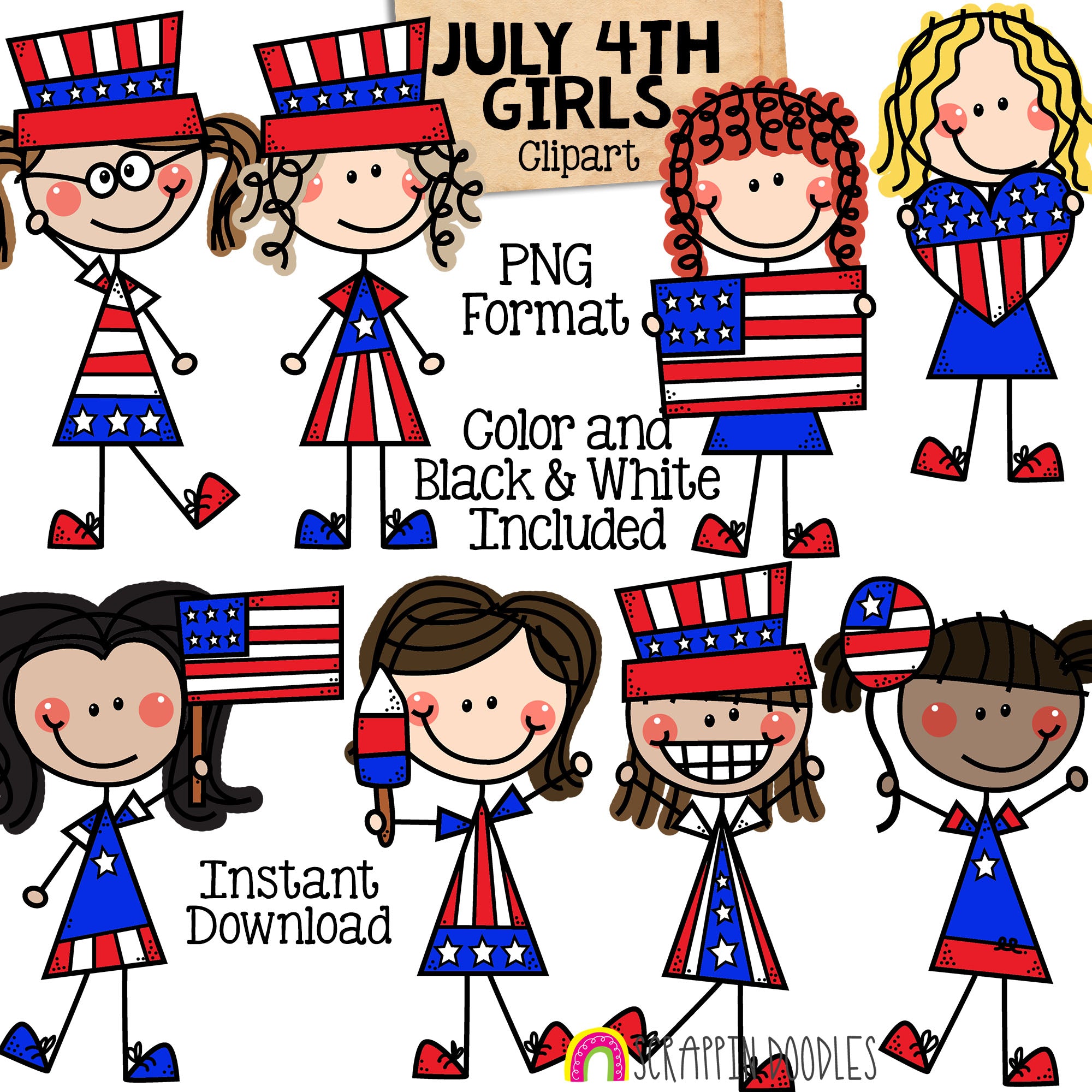 July 4th Clipart - Independence Day Doodle Girls - USA Graphics - Fort ...