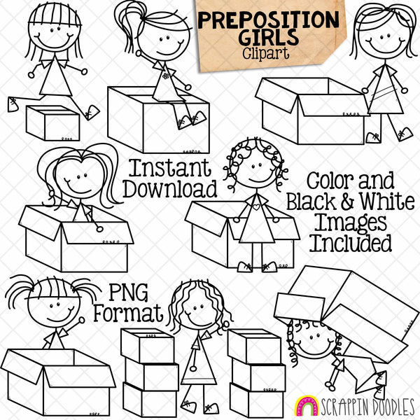Preposition ClipArt - Doodle Girls Clip Art - Positional Words - Kids ...