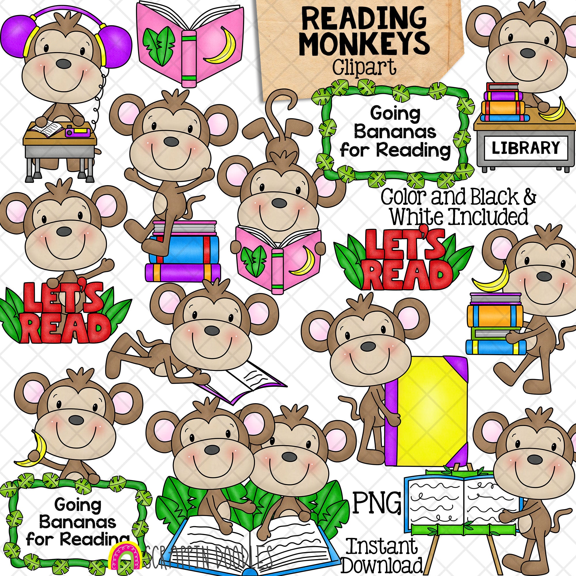 School Monkey ClipArt Bundle - Reading - Writing - Math - Science ...