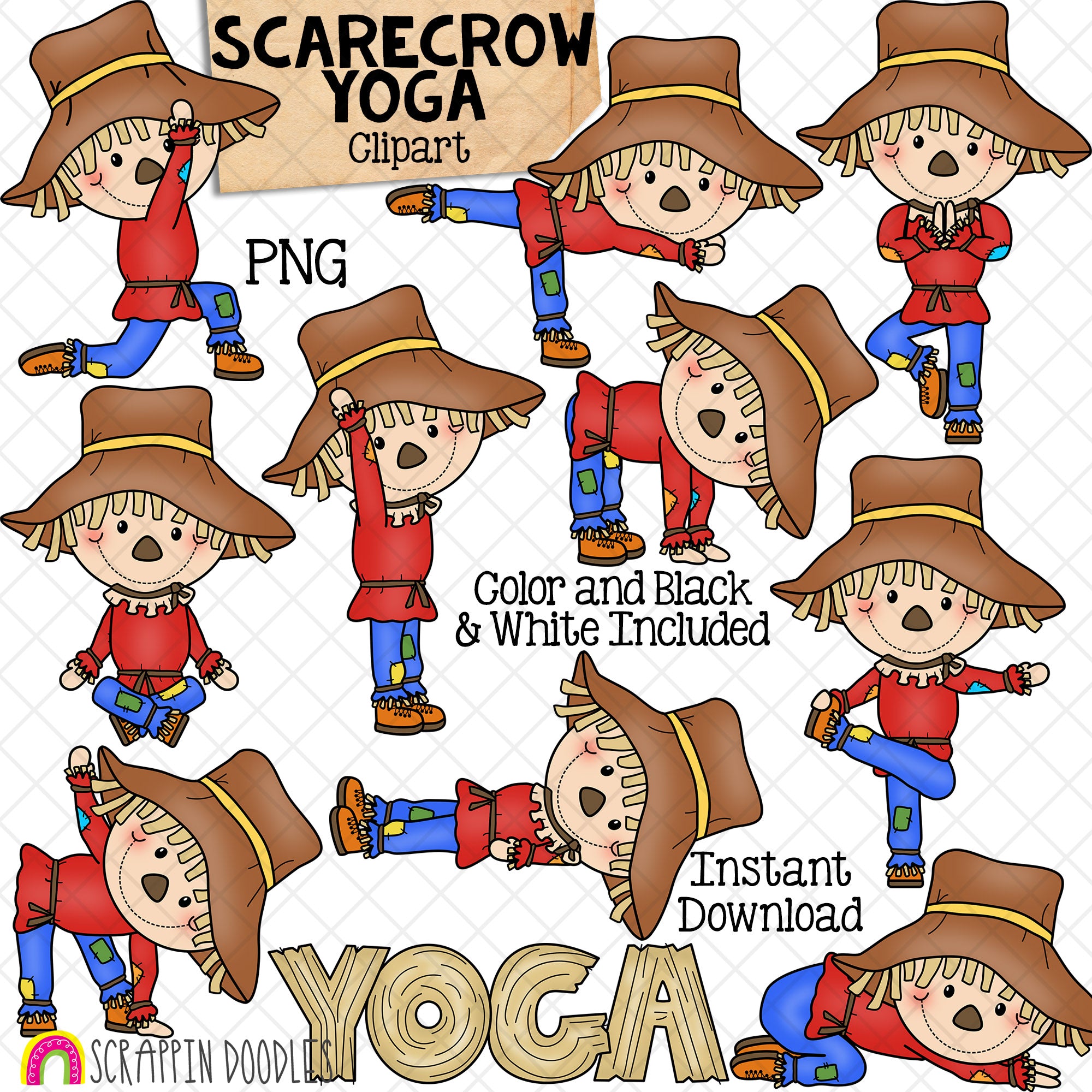 Scarecrow Yoga Clip Art - Stretching Clipart - Scarecrows Doing Yoga P ...