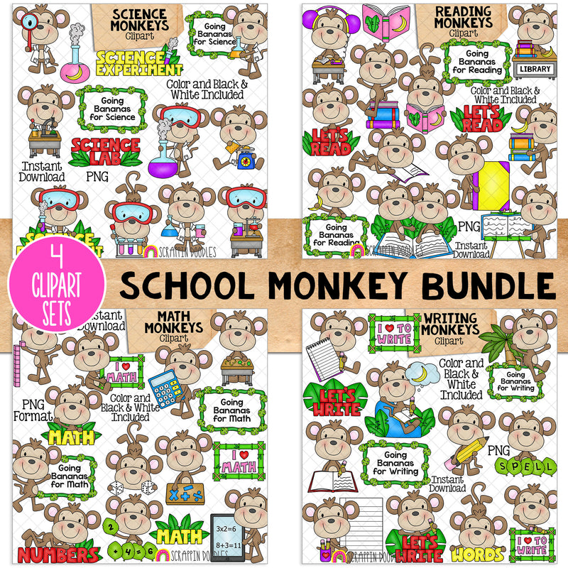 School Monkey ClipArt Bundle - Reading - Writing - Math - Science ...