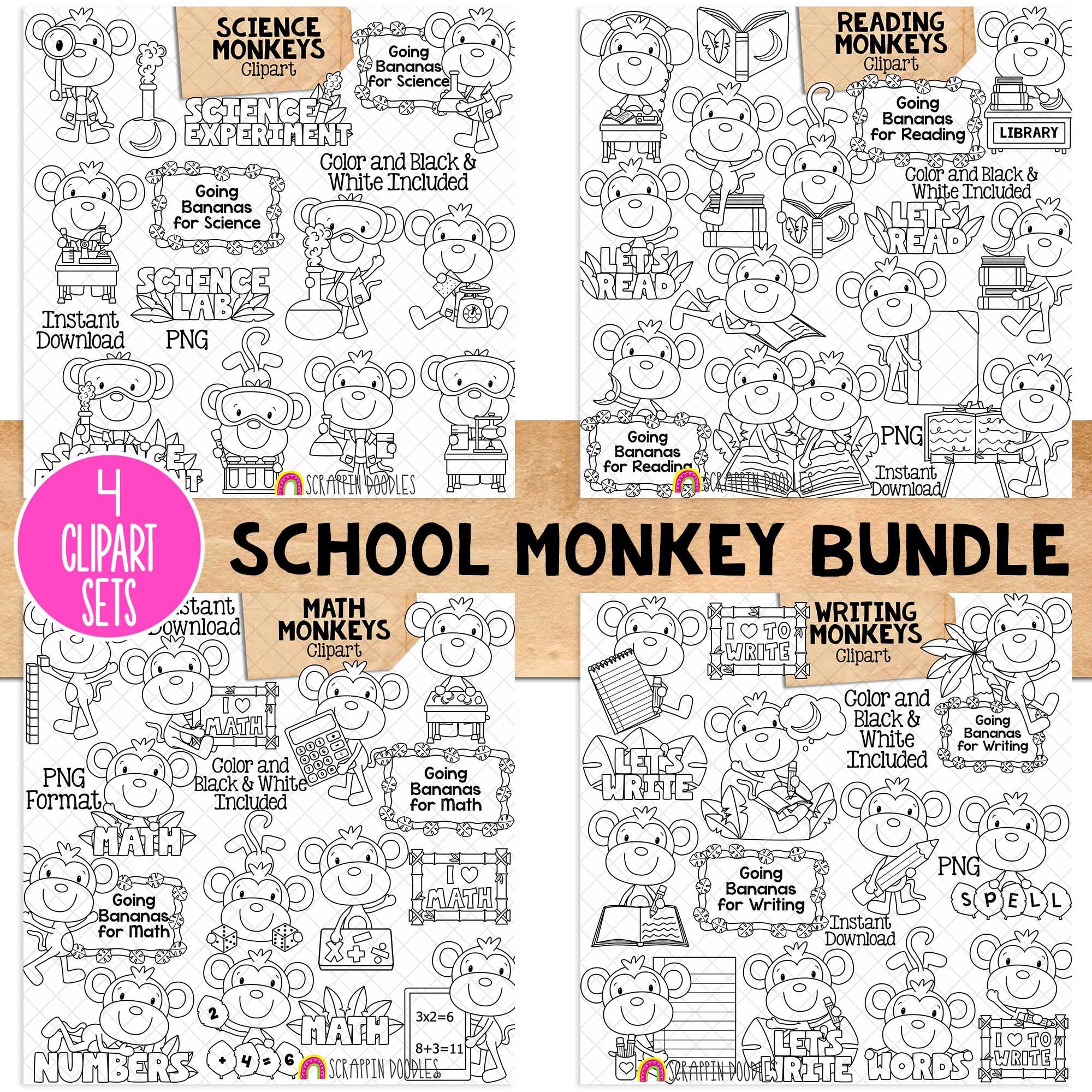 School Monkey ClipArt Bundle - Reading - Writing - Math - Science ...