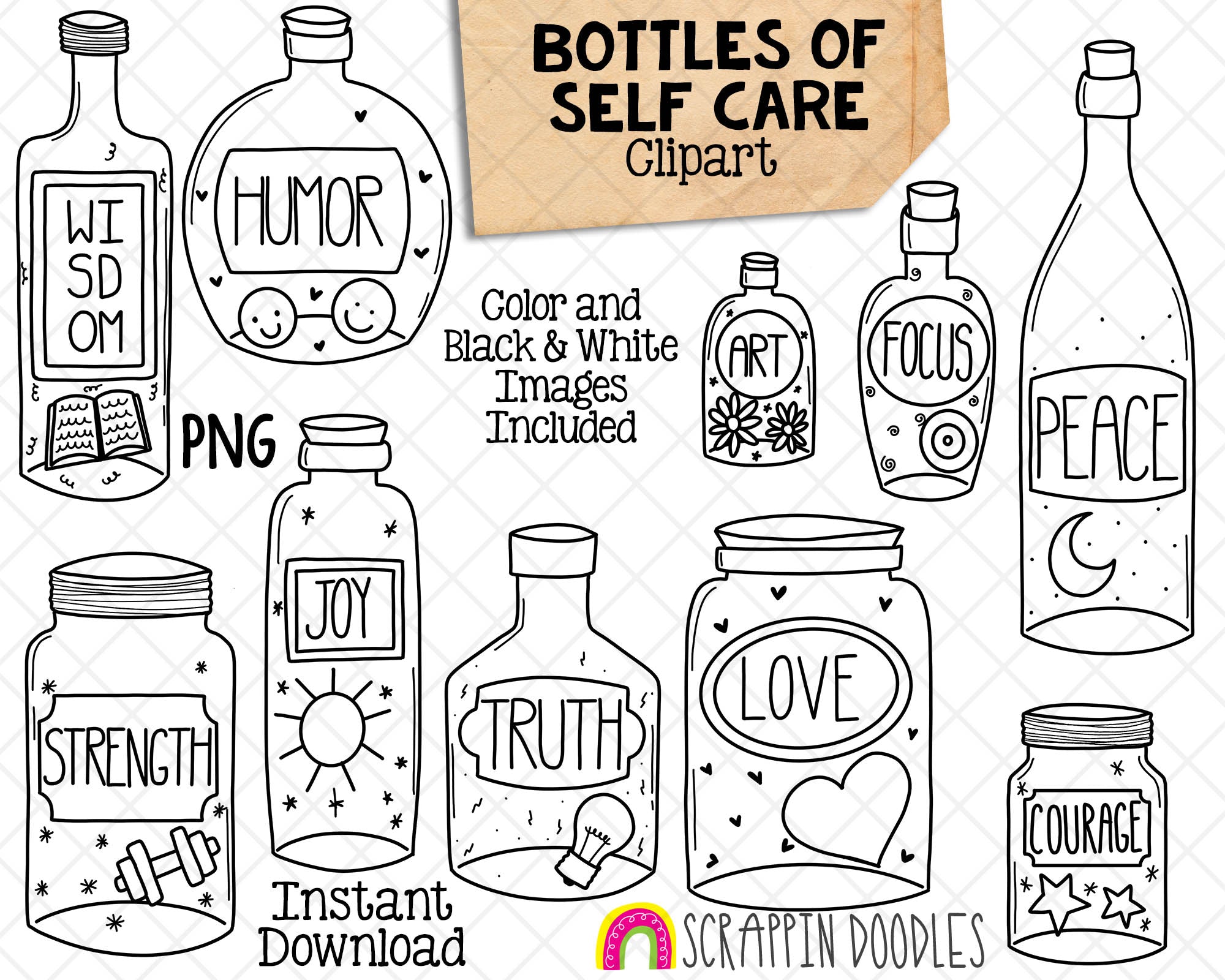 Bottles of Self Care Clip Art - Positivity Jars - Commercial Use PNG ...