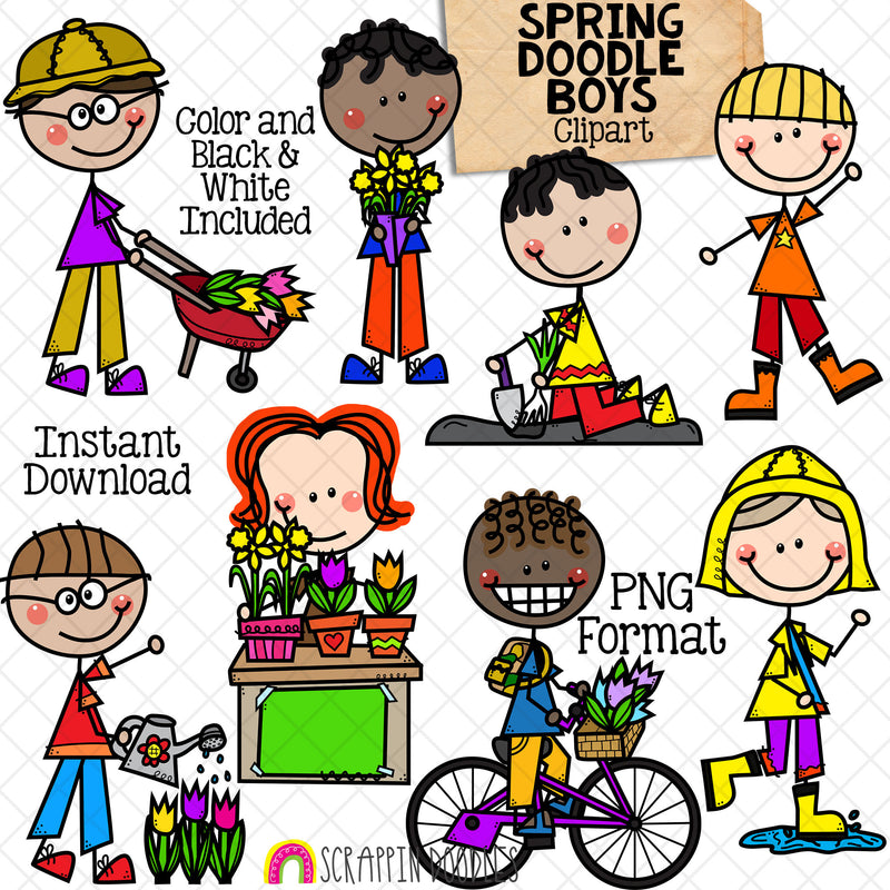 Spring Boys Clip Art - Doodle Kids Stick Figure Graphics - Gardening ...