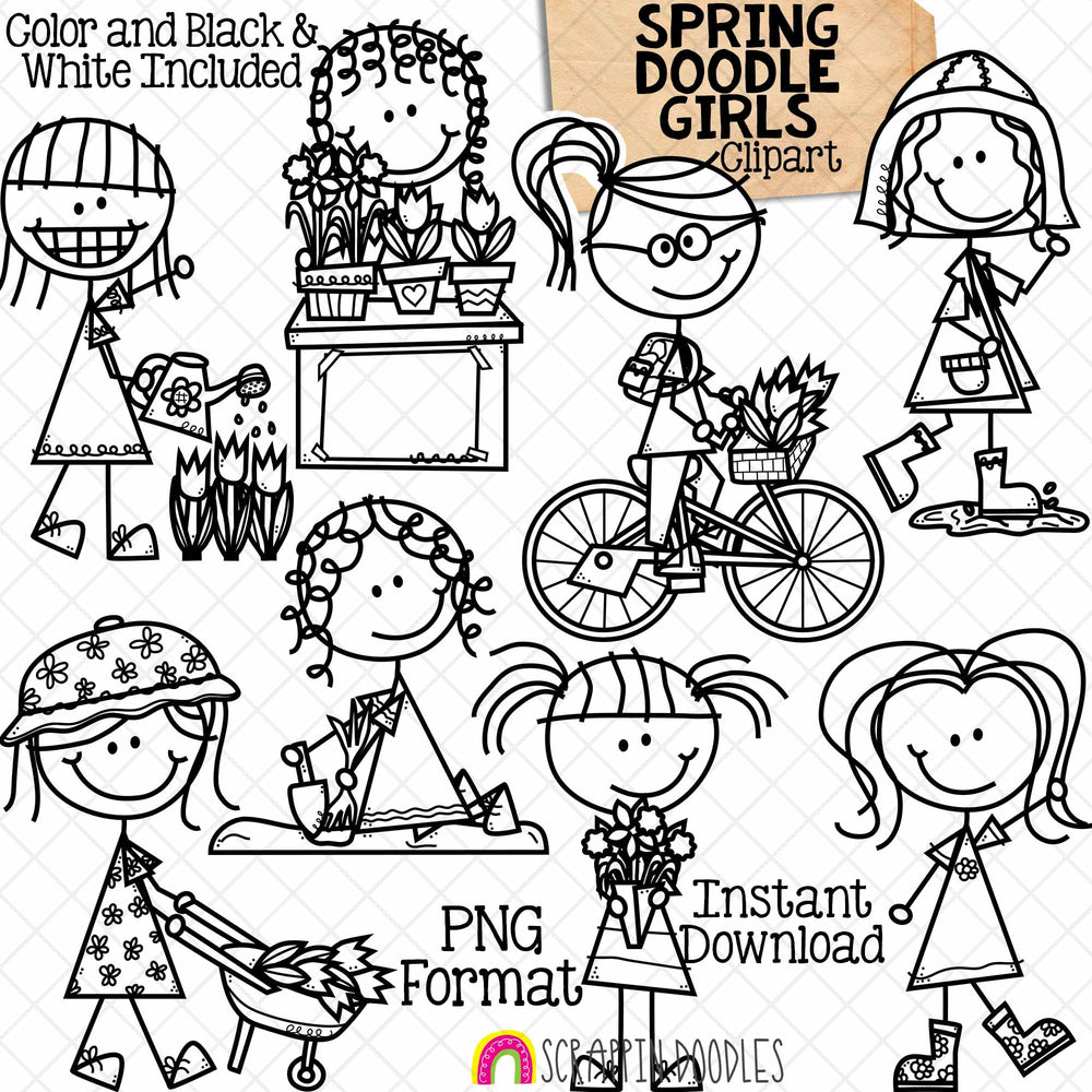 Spring Girls Clip Art - Doodle Kids Stick Figure Graphics - Gardening ...