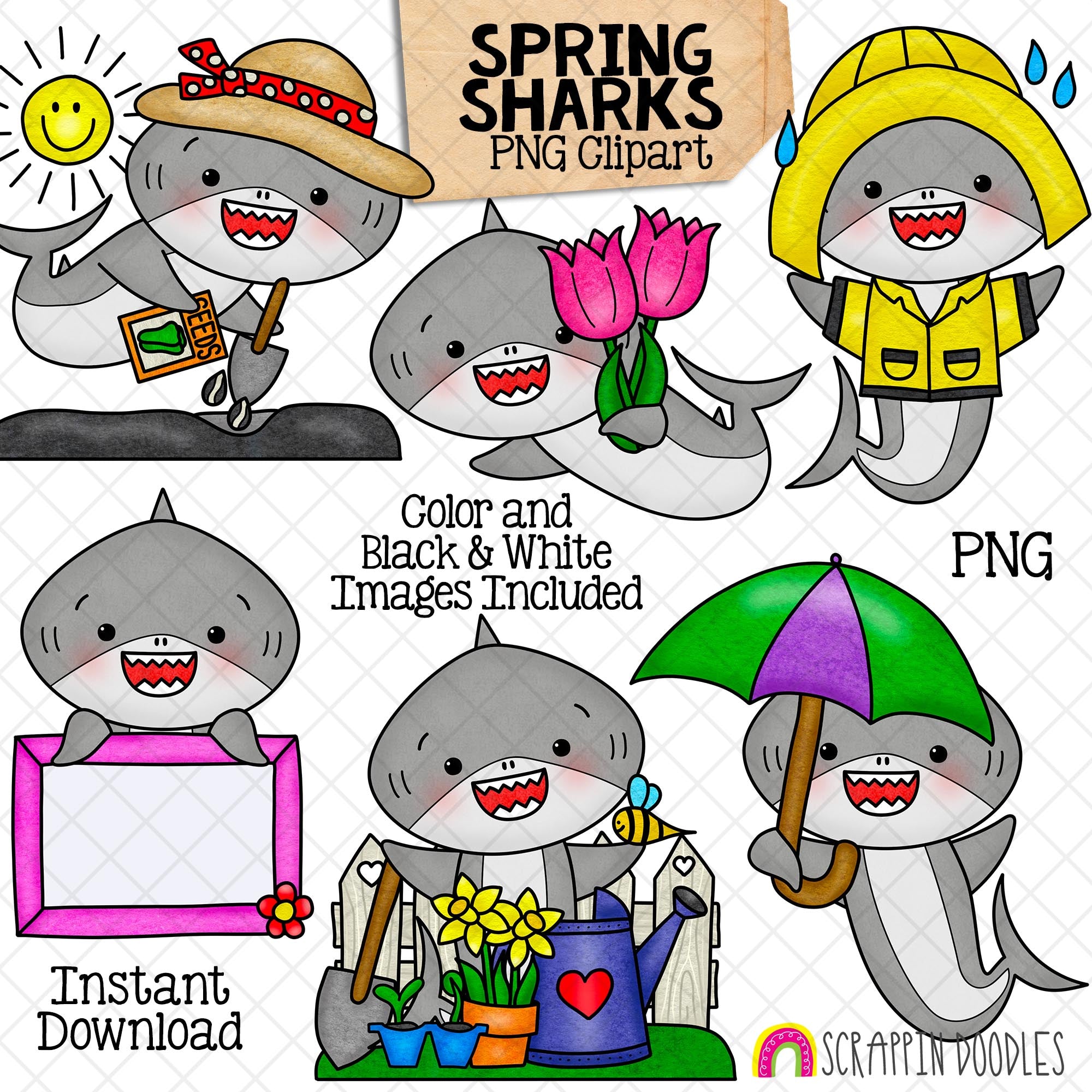 Spring Sharks Clip Art - Grey Shark Gardening Clipart - Baby Shark ...