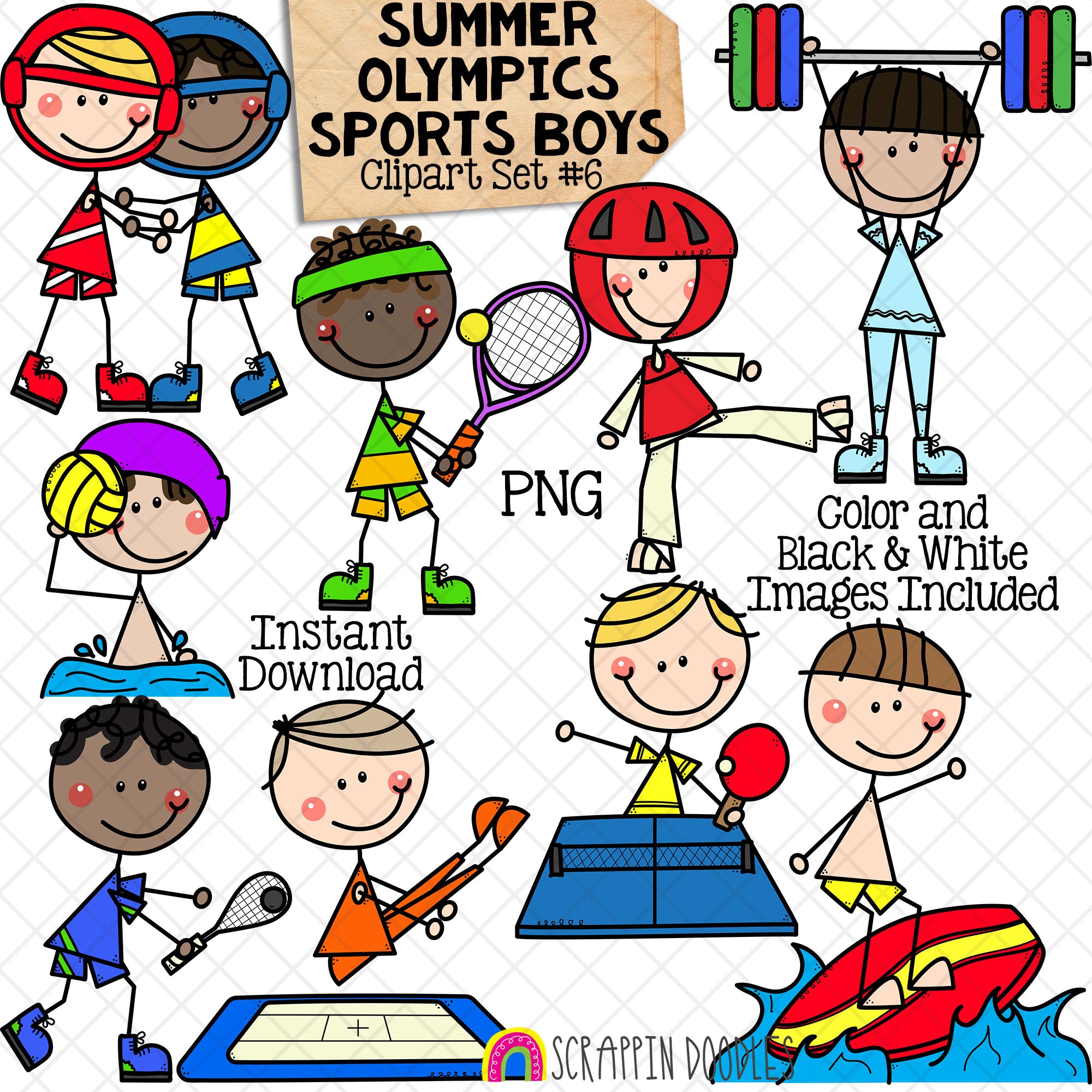 Summer Olympics Sports Boys ClipArt Set 6 - Squash - Sailing - Table T ...