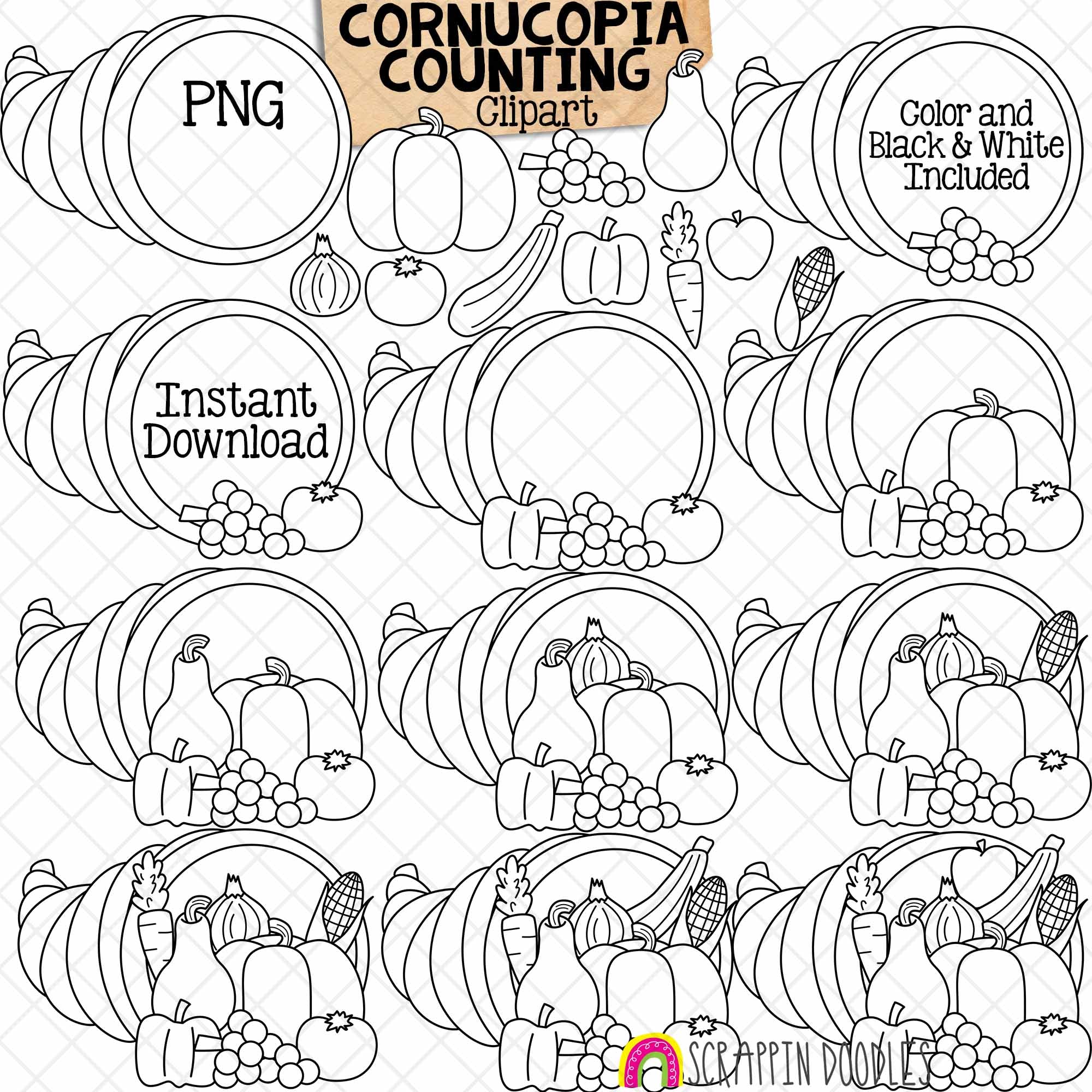 Counting Cornucopia ClipArt - Thanksgiving Vegetables Fruit in Cornuco ...