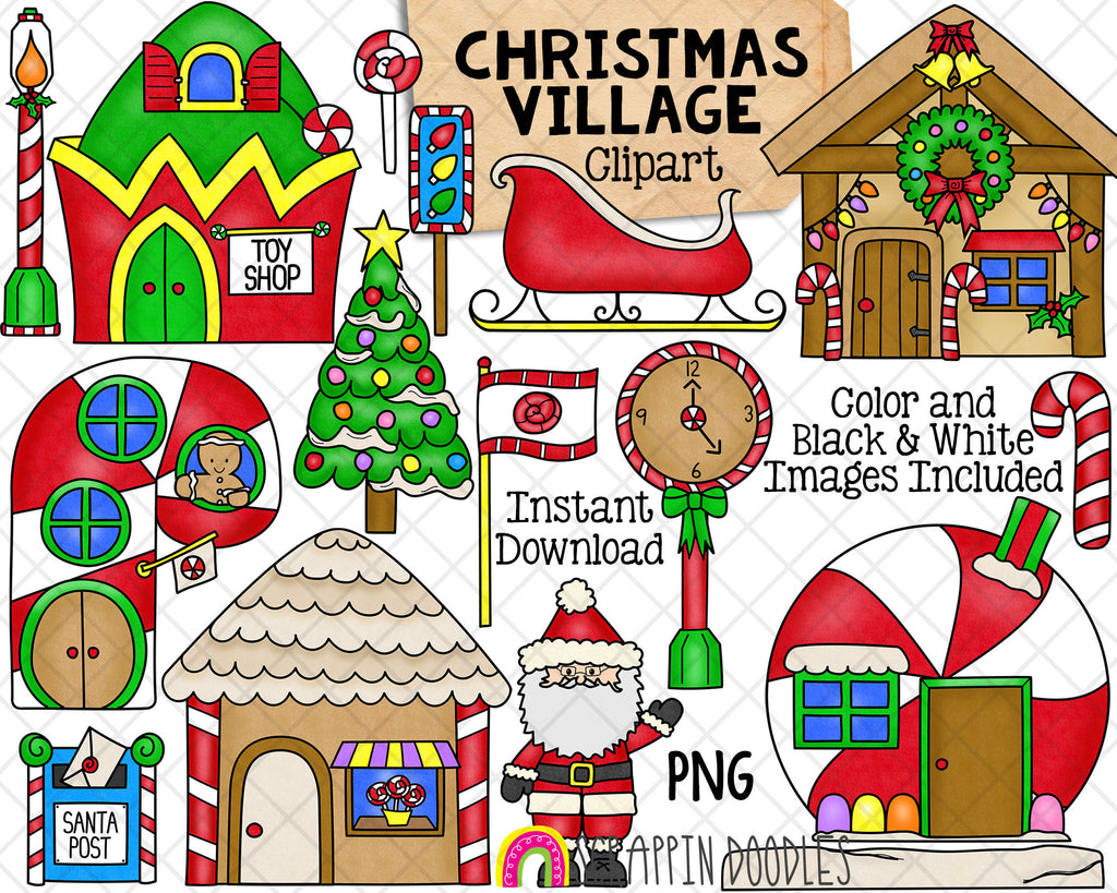 Christmas Village Clip Art - Christmas Town - Elf House - Candy Cane ...