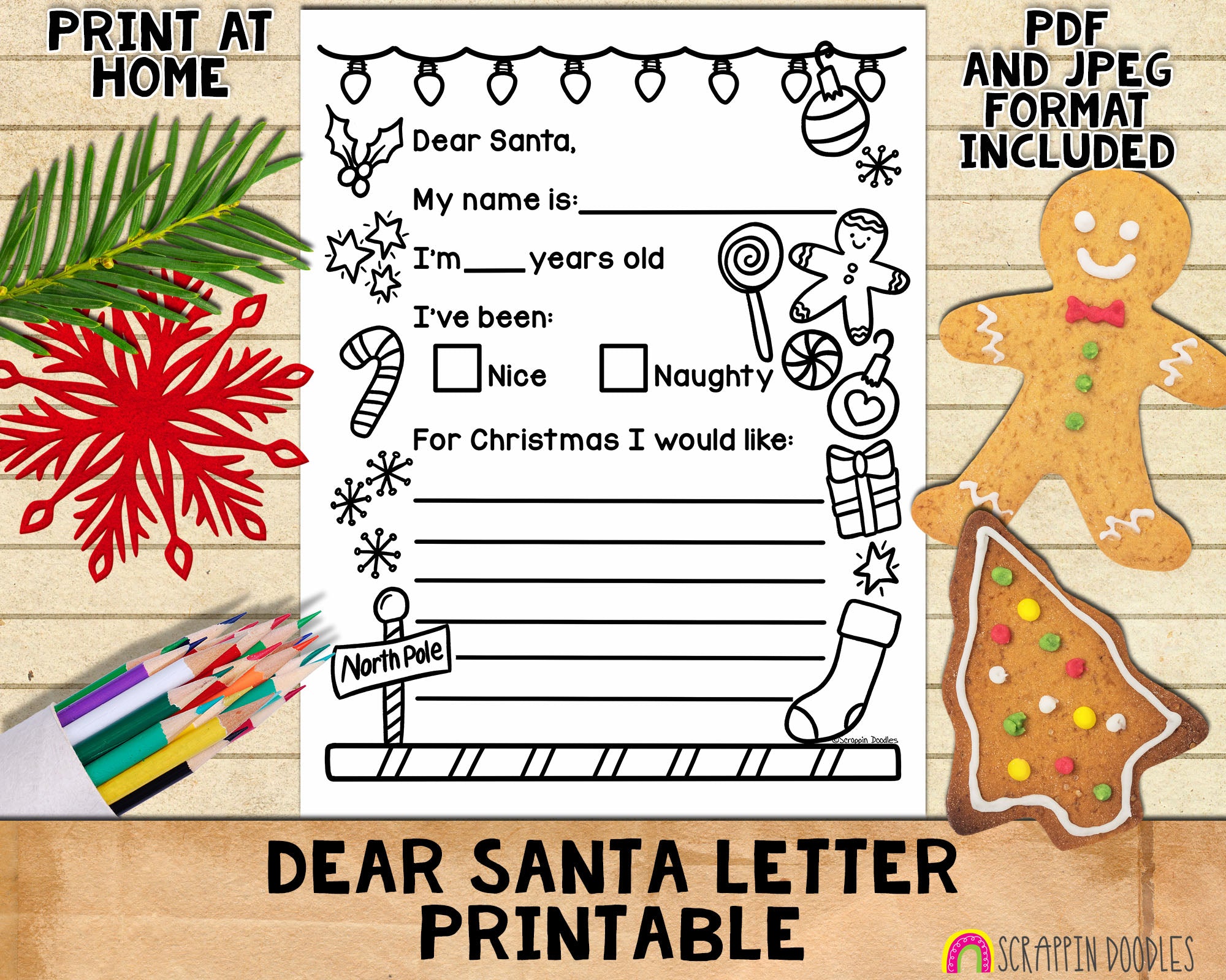 Dear Santa Letter - Printable Kids Santa List - Kids Coloring Page Let ...