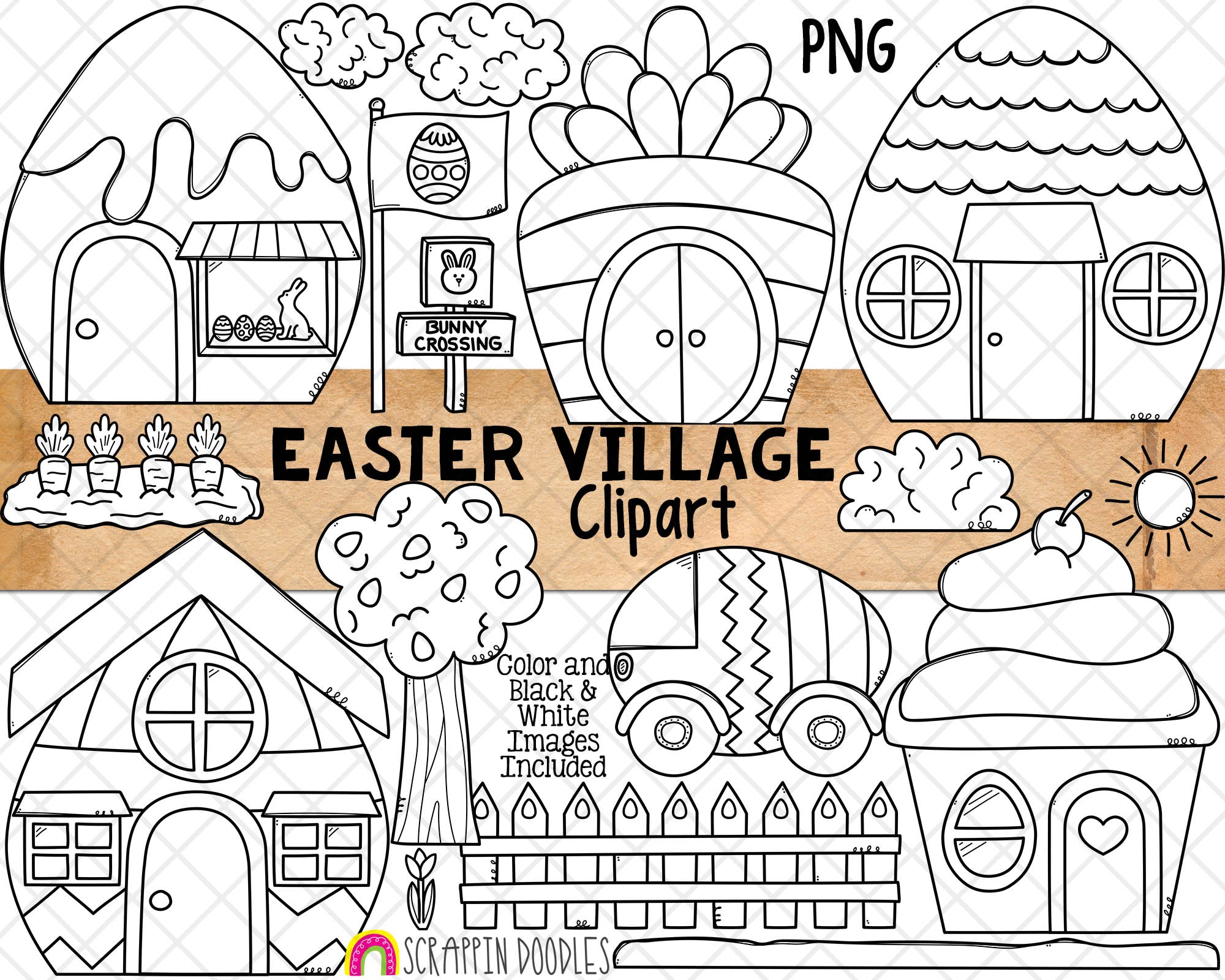 Easter Village Clip Art - Decorated Egg Houses - Easter Bunny Carrot H ...