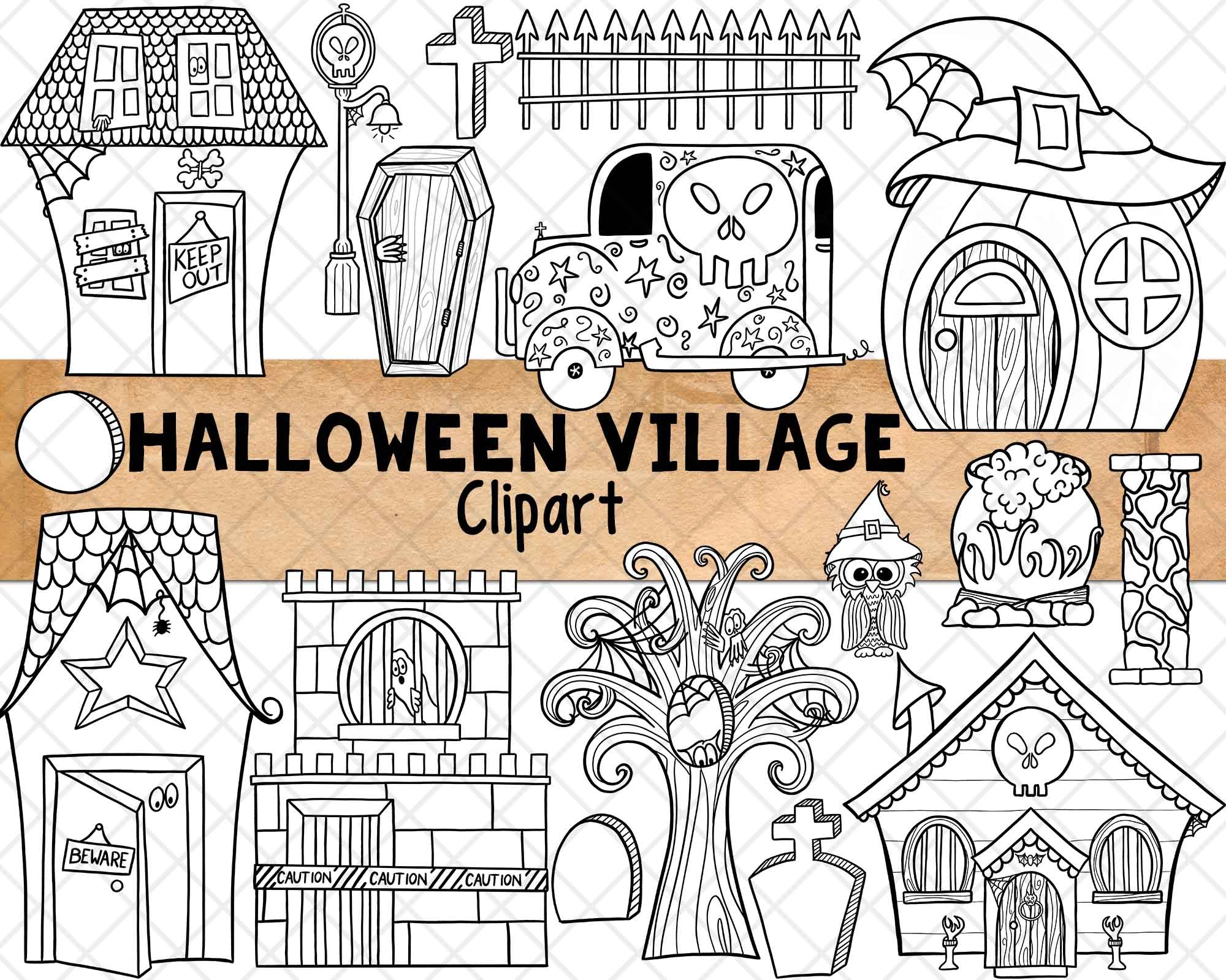 Halloween Village ClipArt - Haunted House Graphics - Spooky Graveyard ...