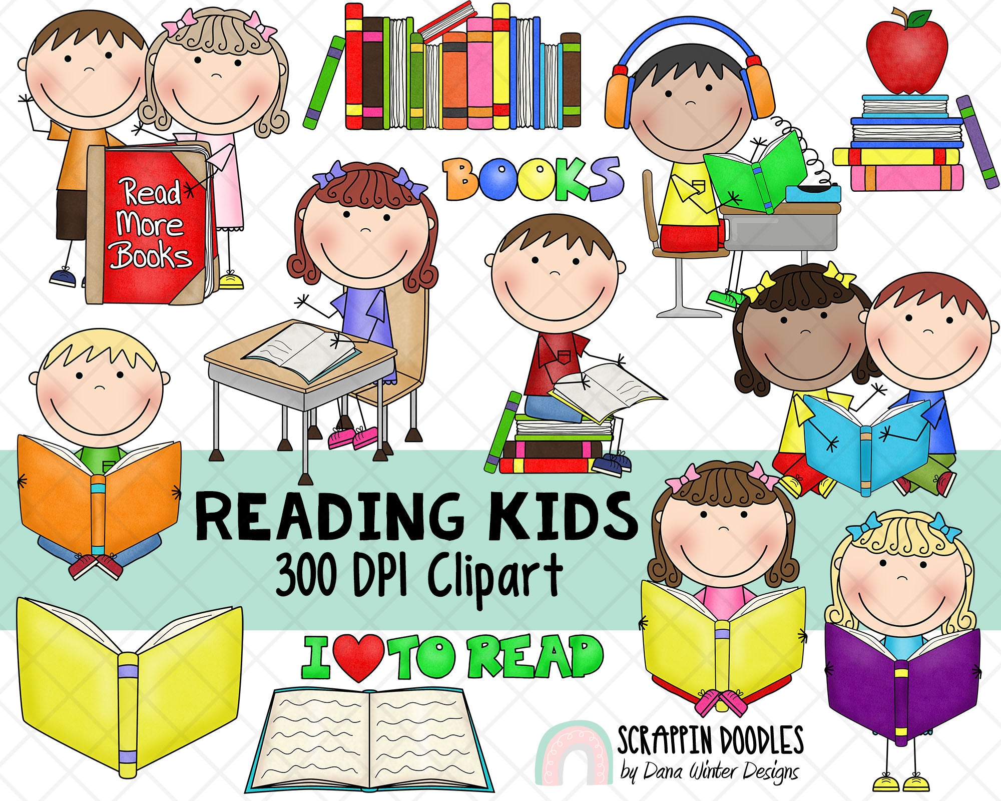 Reading Kids ClipArt - Library ClipArt - Book Lover ClipArt - Instant ...