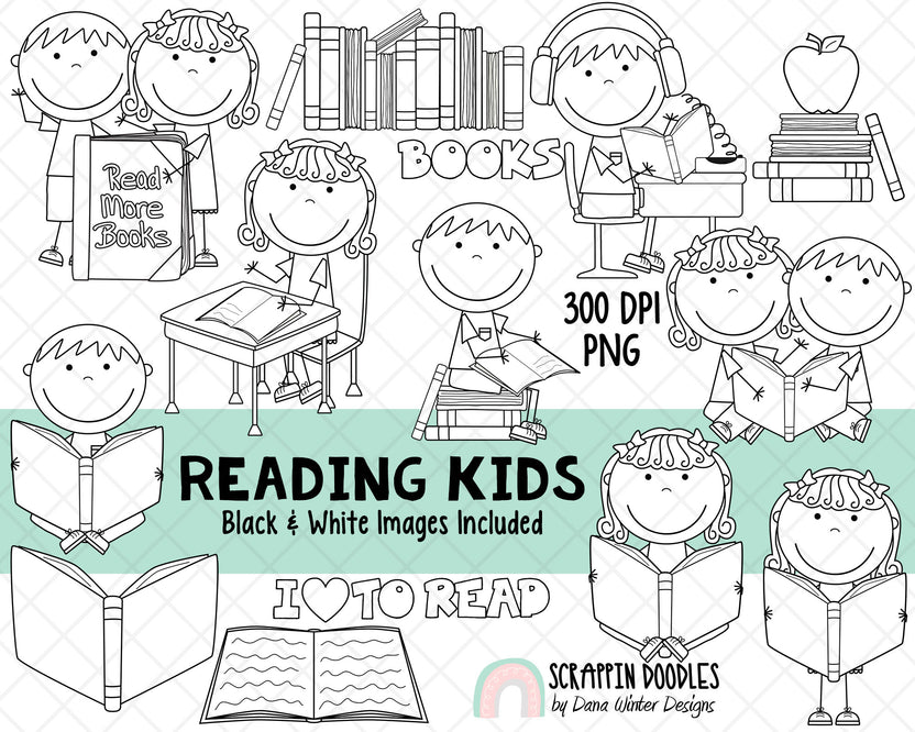 Reading Kids ClipArt - Library ClipArt - Book Lover ClipArt - Instant ...