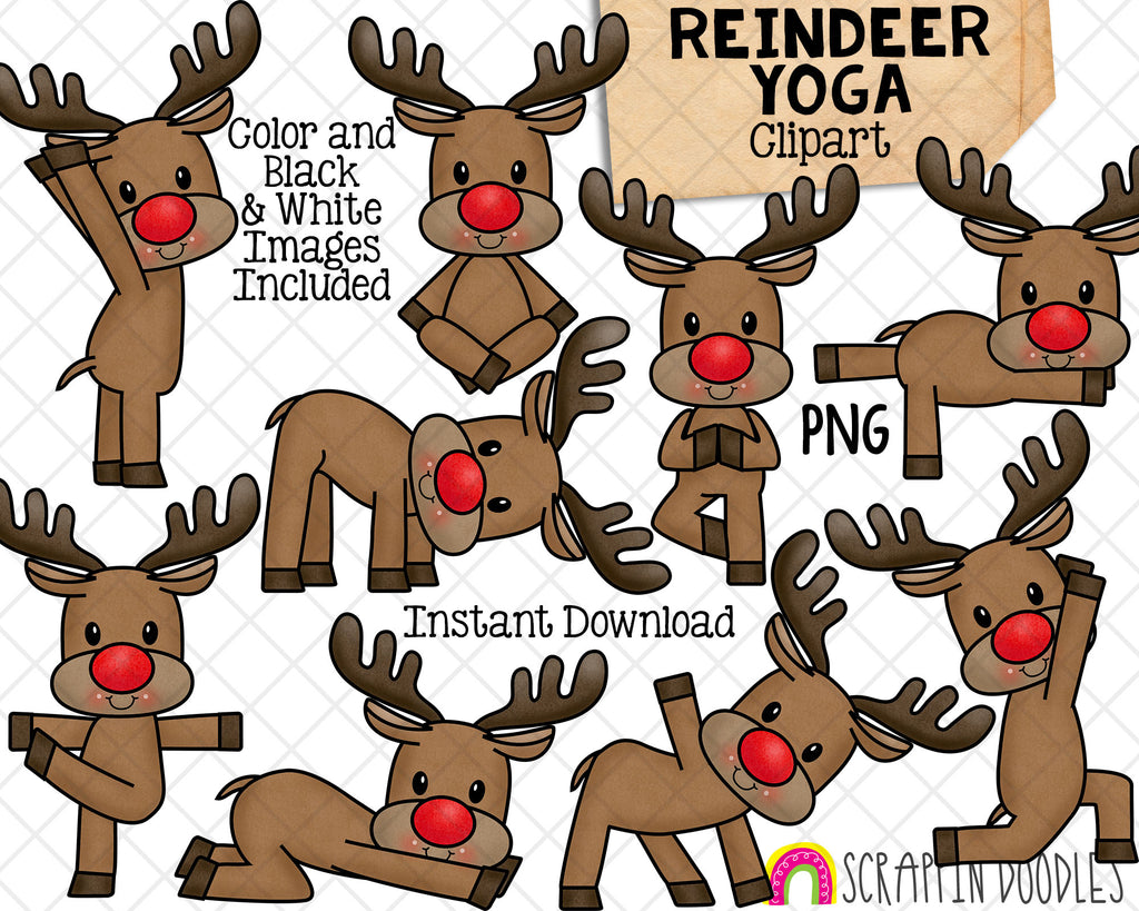 Reindeer Yoga Clip Art - Christmas Rudolph Stretching Clipart - Yoga P ...