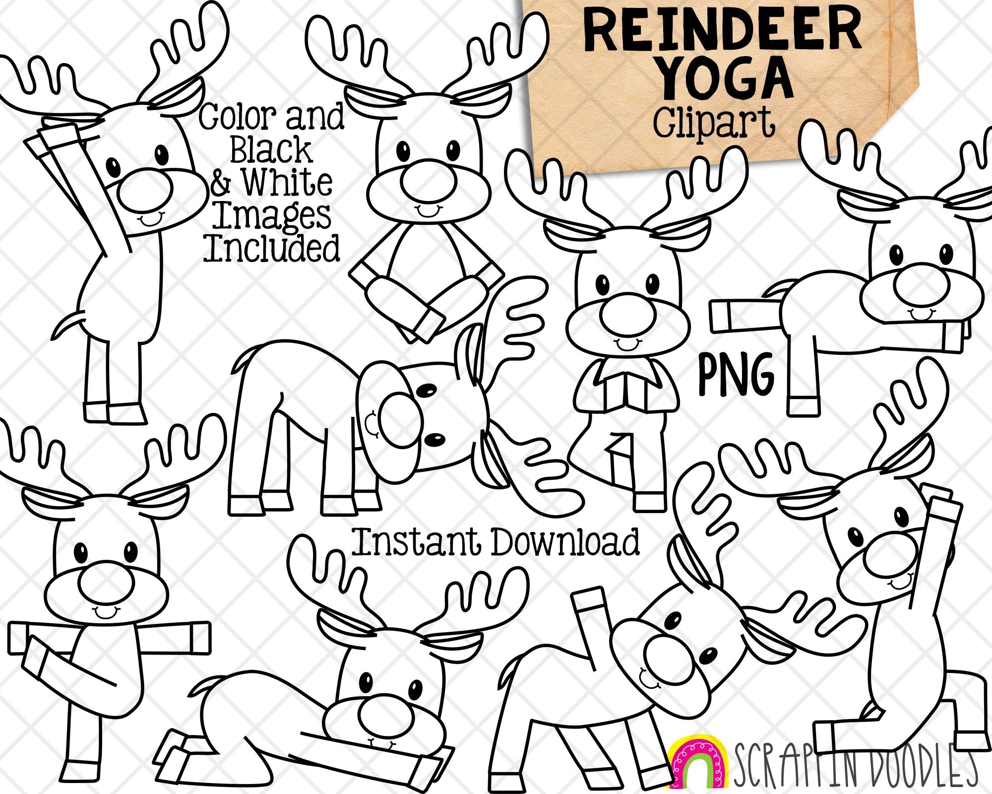 Reindeer Yoga Clip Art - Christmas Rudolph Stretching Clipart - Yoga P ...