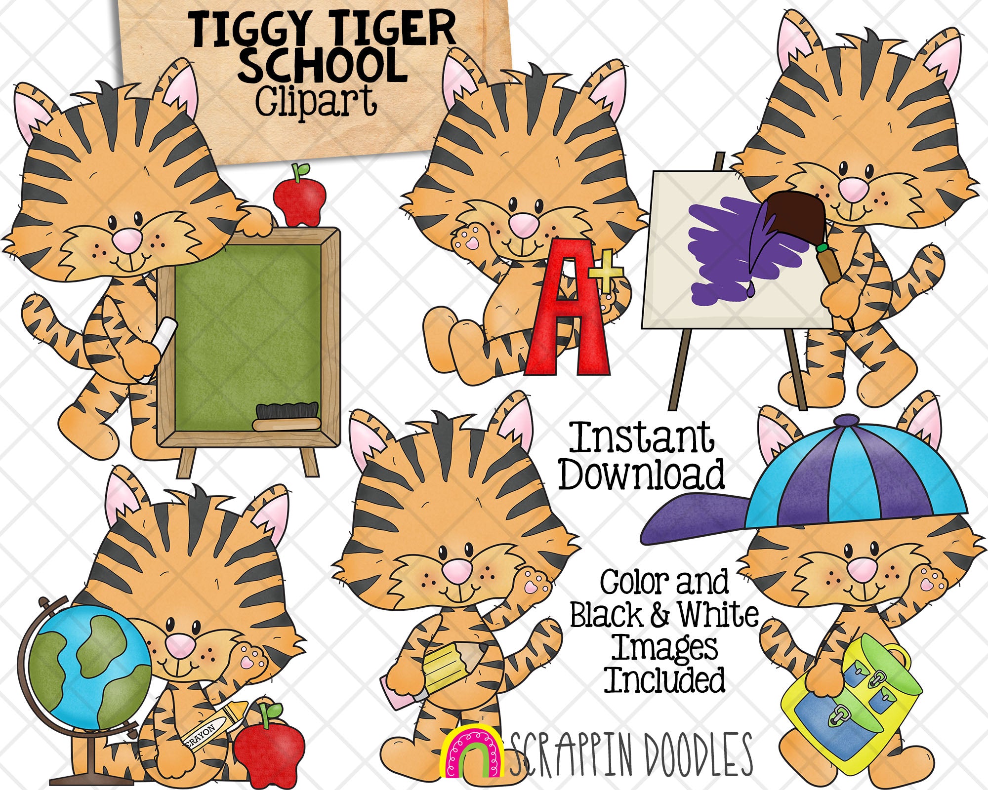 Tiger School ClipArt - Tiggy Tiger Cute Baby Jungle Animal - Commercia ...