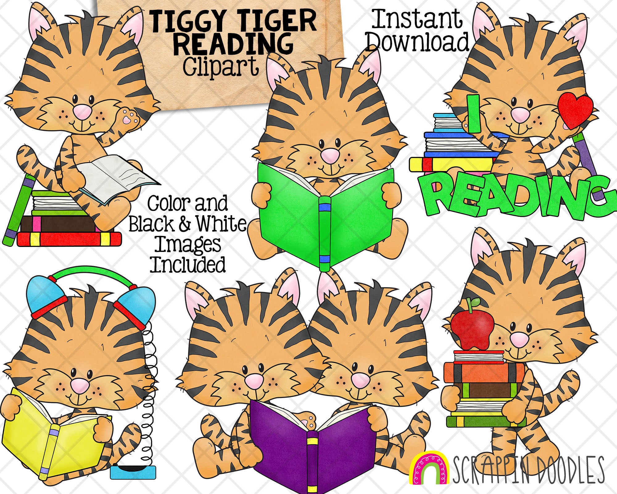 Tiger Reading ClipArt - Tiggy Tiger Cute Baby Jungle Animal - Commerci ...
